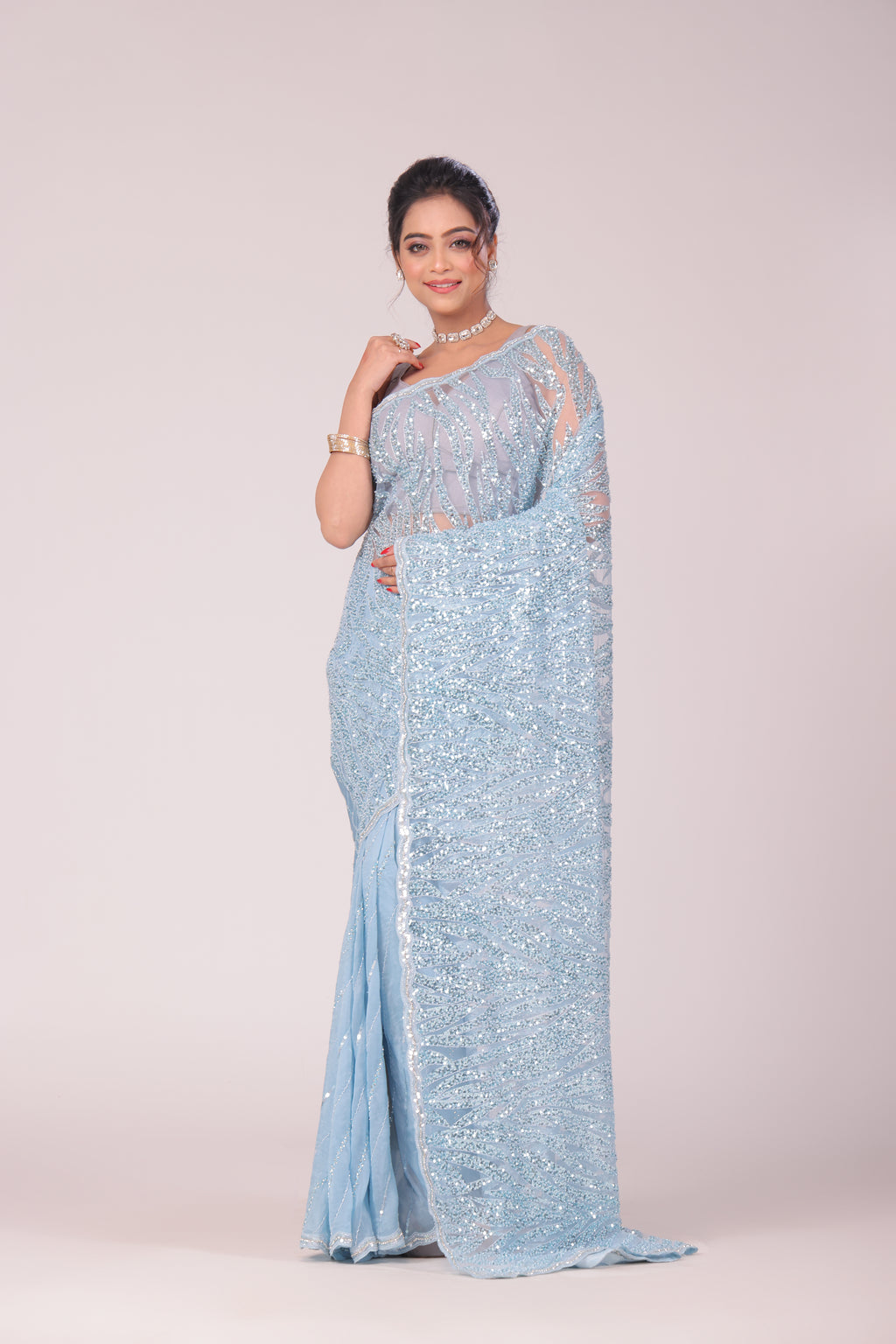 Sky Blue Net Saree – Milan Design